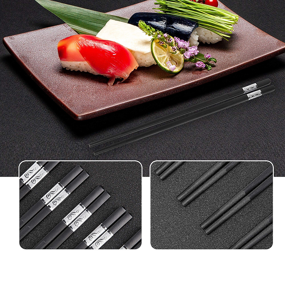 Lourmet 10 Pair Fiberglass Chopsticks – 9.5 Inches Long Reusable Chopsticks Dishwasher Safe for Asian Food, Light Weight Japanese Chopsticks Strong Grip Sturdy Material – Black Silver Chopsticks Set