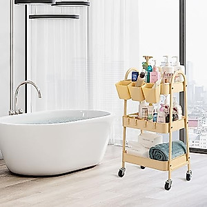 danpinera 3-Tier Rolling Cart, Metal Rolling Storage Cart with Lockable Wheels & Hanging Cups & Hooks, Mobile Trolley Cart for Kitchen, Bathroom, Office, Workshop, Yellow