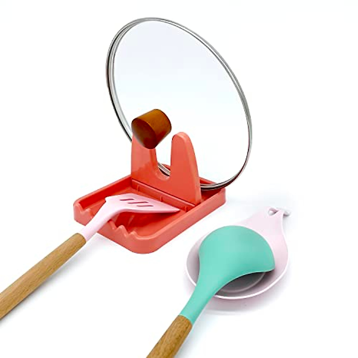 LSVGOE 2 Pack Multiple Utensil Spoon Rest for Kitchen Counter, Spoon Holder for Stove Top with Lid Holder and Grill Spoon Holder for Spatula, Ladle, Tongs and Cooking Accessories (Pink-2 Set)