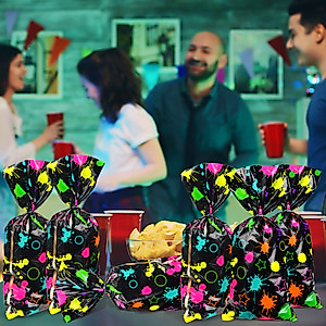 Epakh 100 Pack Neon Candy Bags Goodie Bags Plastic Colorful Treat Bags Glow in the Dark Party Supplies Favor Bags Neon Gift Wrap Bags with Silver Twist Ties for Glow Birthday Party Decor