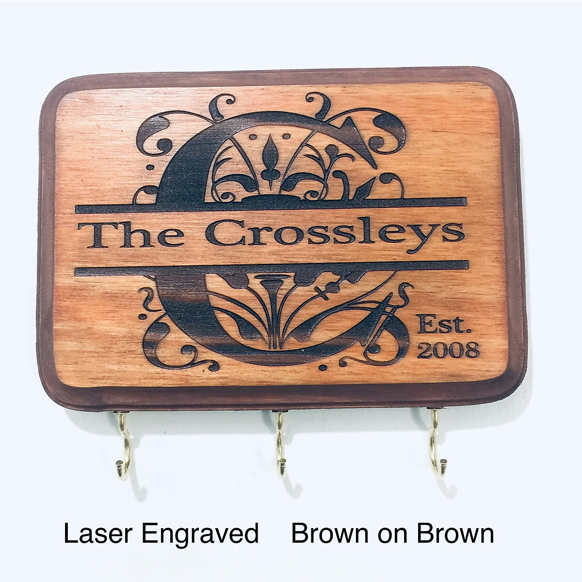 Personalized Key Holder for Wall - Custom Key Hanger with Family or Couple's Name | Vinyl or Laser Engraved Options | Natural Wood Key Rack | Made in USA.