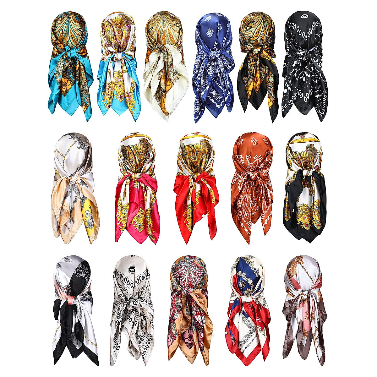 Janmercy 16 Pcs 35" Satin Head Scarf Hair Scarf Silk Like Bandana Scarf Large Square Neck Scarf Shirt Scarf for Women Girls Hair Wrapping Sleeping, 16 Styles