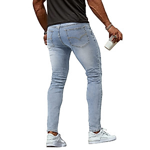 Mens Jeans Slim Fit Light Blue Distressed Skinny Jeans for Men Buckle Tapered Denim Jeans Stretch Fit Long Jean Pants