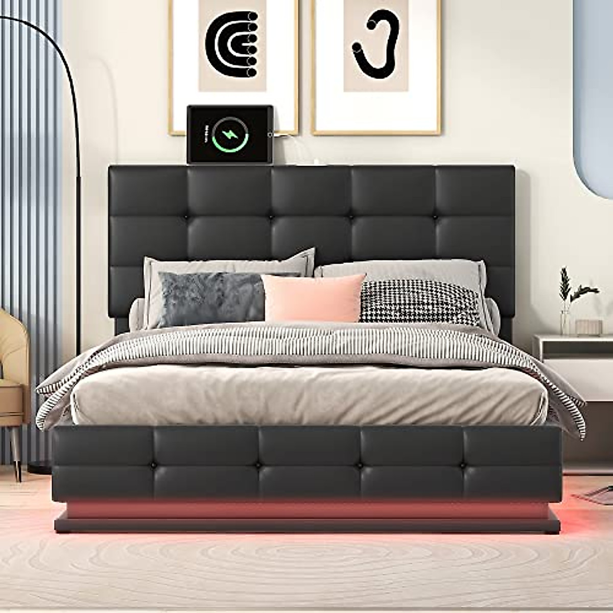 BIADNBZ Full Size Modern Platform Bed with Hydraulic Storage System and Headboard,Tufted PU Upholstered Bedframe with LED Lights and USB Charger for Bedroom,No Box Spring Needed, Black