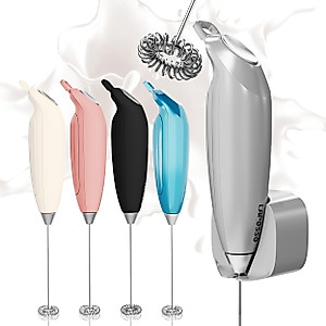 Laposso Magnetic Base Milk Frother Wand with Stand Battery Operated (not incl.) Handheld Electric Matcha Whisk Drink Mixer for Coffee, Latte, Hot Chocolate Gifts for Men Women Mom (Silver)