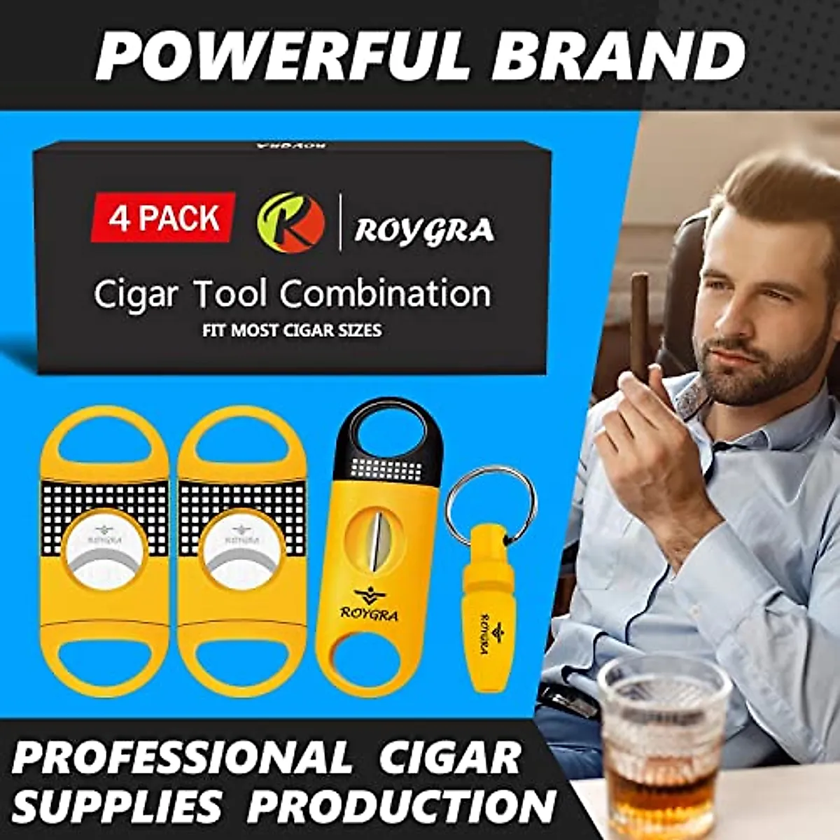 roygra Cigar Cutter, Cigar Punch, V-Cut, Double Blade Guillotine, Yellow - 4 Pack