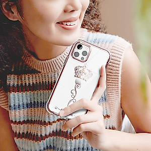 SURITCH Compatible with iPhone 12/iPhone 12 Pro Clear Case 6.1 Inch,[Built in Screen Protector] Luxury Crown Sparkle Diamond Bling Crystals Full Body Rugged Cover for Girls Women (Rose Gold)