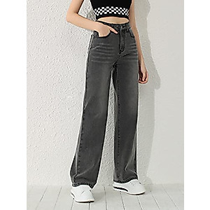 SweatyRocks Girl's High Waisted Solid Straight Leg Jeans Casual Loose Denim Pants Dark Grey 12-13Y