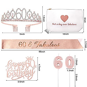 XO LOVEORY 60th Birthday Decorations for Woman, 60th Birthday Sash, Tiara Crown, Canvas Makeup Bag, Cake Topper & Candles, 60th Birthday Gifts for Her Birthday Party