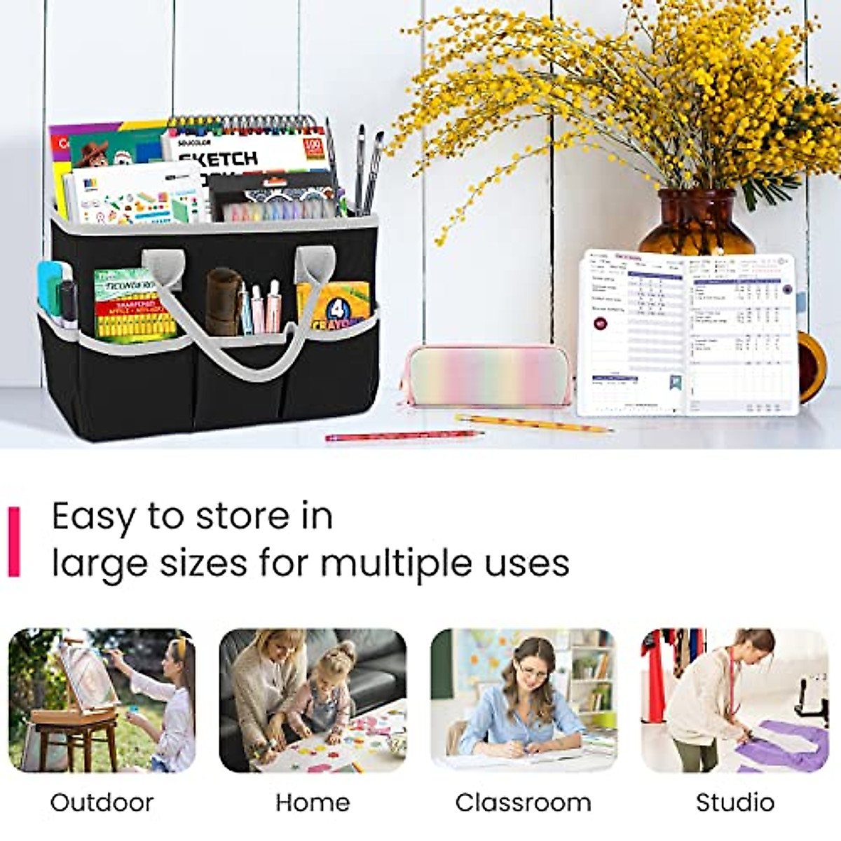 Godery Desktop Tote and Stock Organize, Teacher Helper Tote Bag Organization for Arts, Books, Stationery, etc, and Office Desk Organize, Make-up Storage Tote with Handles for Travel (BLACK-2)