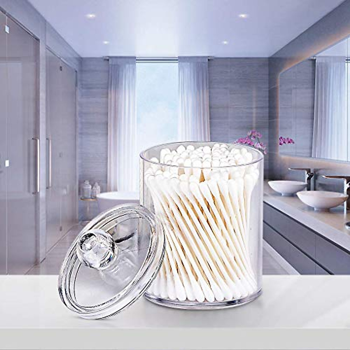AXX Qtip Dispenser Apothecary Jars Bathroom - Qtip Holder Storage Canister Clear Plastic Jar for Cotton Ball,Cotton Swab,Q-Tips,Cotton Rounds