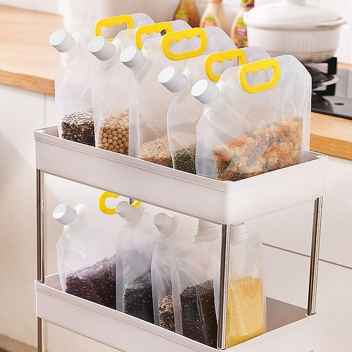 5pcsFood Storage Bags, Grain Moisture-proof Sealed Bag,Stand Up Food Bags Large Reusable Sealed Bag with Handle and Cap BPA Free