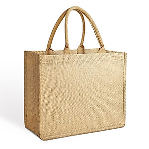 Ndeno Burlap Jute Tote Bags Reusable Cotton Shopping Grocery Bag with Handles, Laminated Interior, bridesmaid tote bags (1pcs, 15.4 x11.8 x5.9 inch)