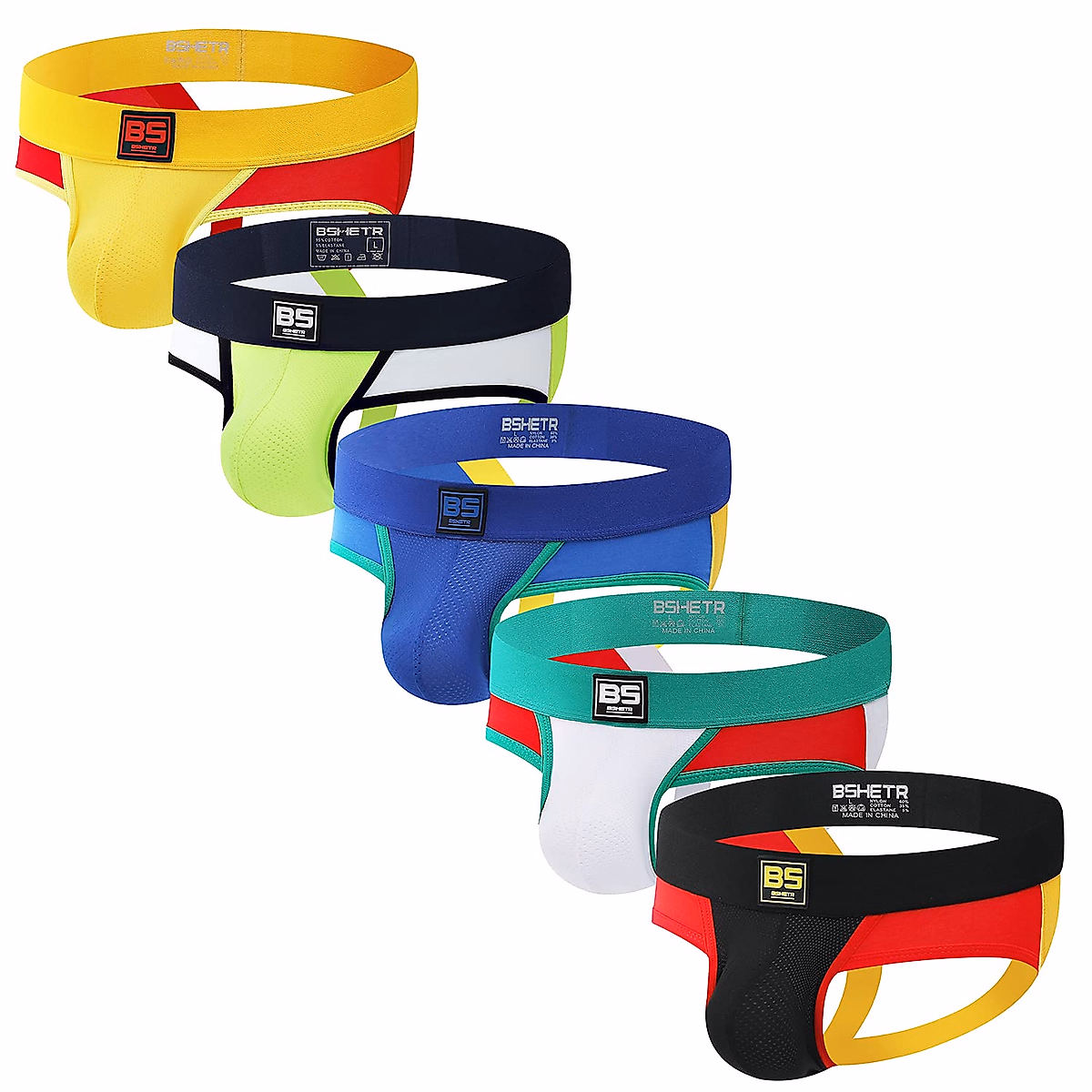 BSHETR Men's Jockstraps Athletic Supporters 5-Pack Ultra Soft Daily Sports Underwear (Multi-C, X-Large 34"-36",86cm-91cm)