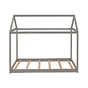 LIADTOP Twin Size Wooden House Bed,Wooden Twin Platform Bed Frame with Headboard and Footboard, Roof Design, for Toddlers Kids Boys Girls Teens,No Box Spring Needed,Grey(New)