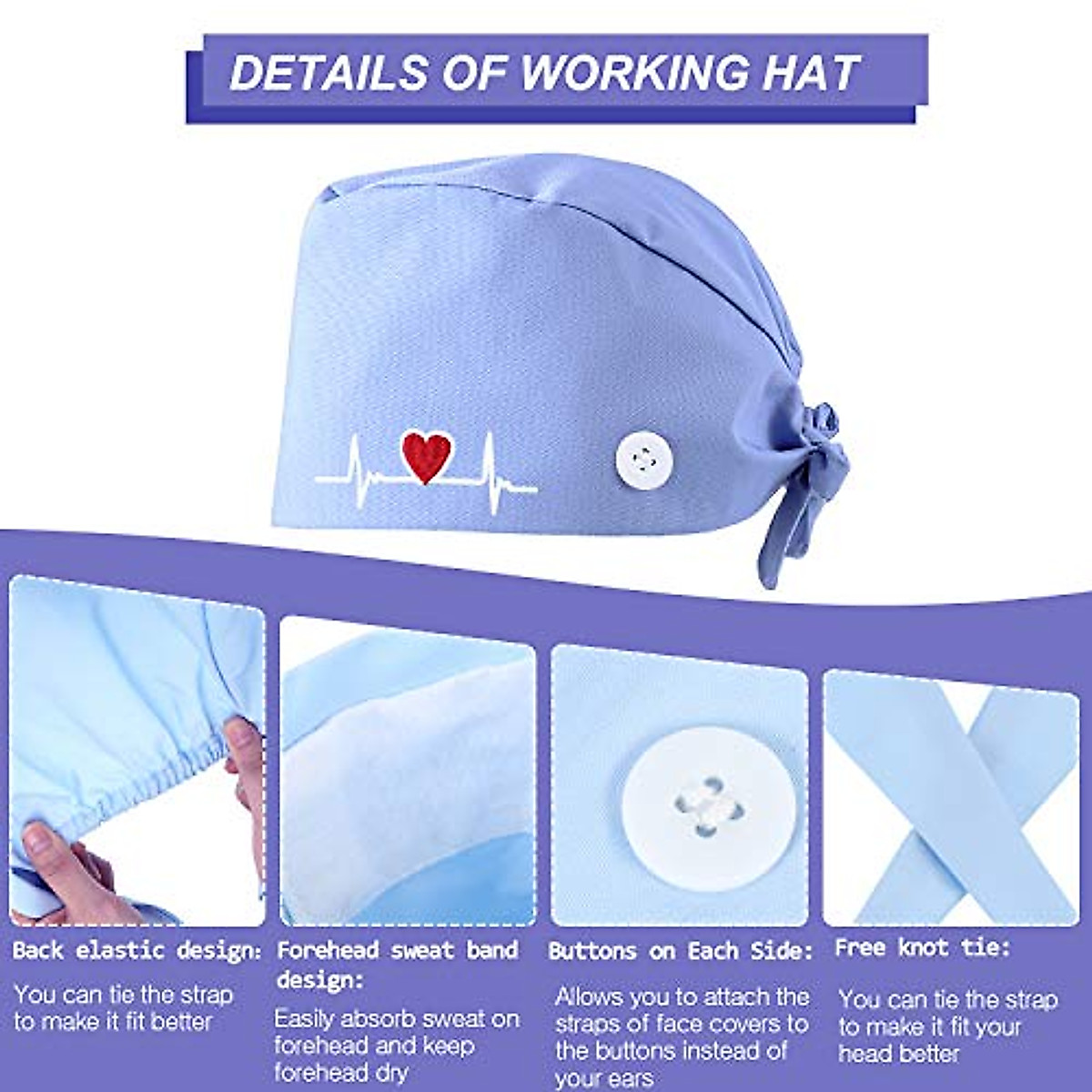 12 Pieces Bouffant Nursing Scrub Surgical Cap Adjustable Button Hats Sweatband Gourd Shaped Hats for Women Men, 12 Colors Multicoloured