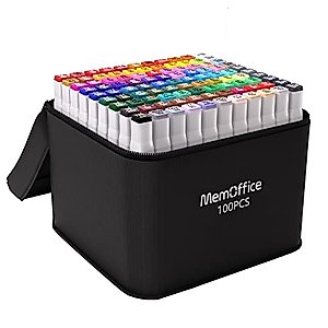 MemOffice 100 Colors Dual Tip Artist Alcohol Markers Set with Carrying Case - Perfect for Coloring, Drawing, Sketching, Card Making and Illustration - Perfect for Adults and Kids