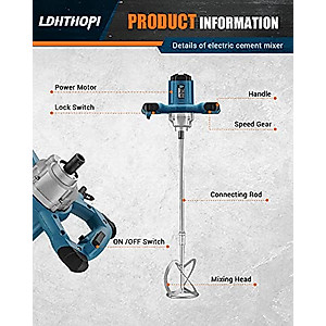 LDHTHOPI Cement Mixer, 2300W Electric Paint Mixer, Portable Mortar Mixer with 6 Adjustable Speed, 110V Handheld Mud Mixer for Mixing Mud, Cement, Mortar, Paint, Fodder