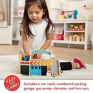 Melissa & Doug Service Station Parking Garage With 2 Wooden Cars and Drive-Thru Car Wash