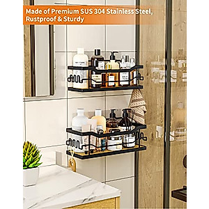 SWTYMIKI Natural Bamboo Shower Caddy Organizer, 2 Pack Shower Shelf with 12 Hooks,Rustproof & Waterproof Shower Rack,Stainless Steel No Drilling Bathroom Shower Organizer for Bathroom,Kitchen - Black