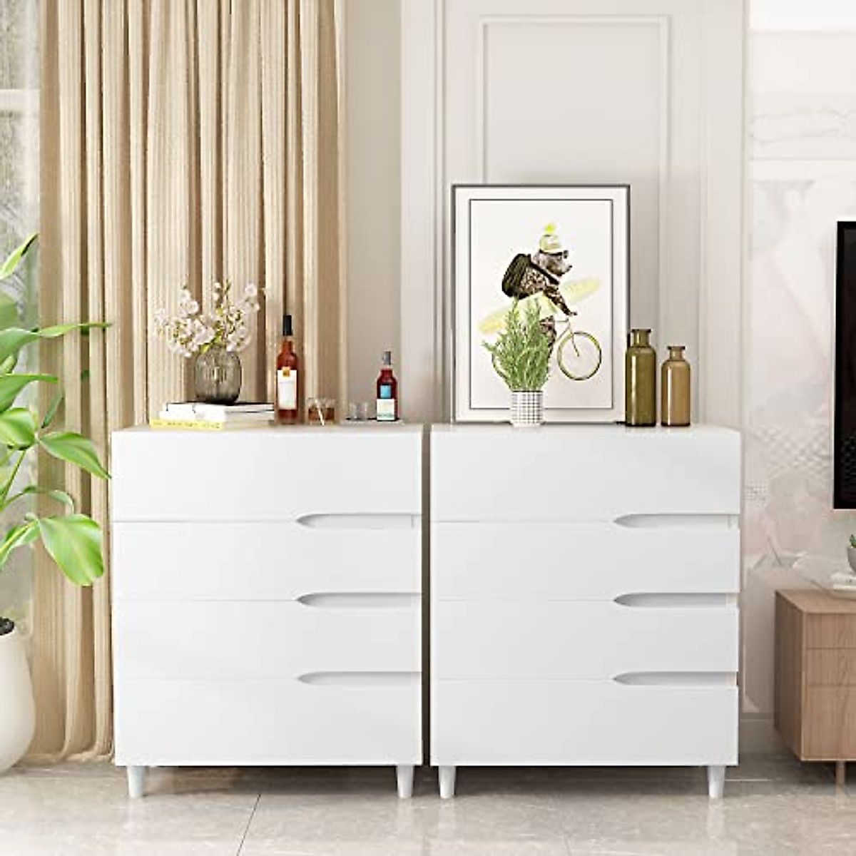 AWQM 4 Drawer Dressers for Bedroom, Set of 2, Wood Chest of Drawers, White Nightstand with Drawers, File Storage Cabinet for Bedroom, Office, Living Room (White)