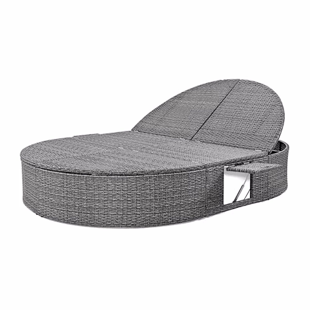 EOVTK Outdoor Rattan Daybed, Multifunctional 2-Person Sun Bed with Cushions and Pillows, Wicker Reclining Chaise Lounge with Adjustable Backrests and Foldable Cup Trays for Lawn, Poolside, Beige