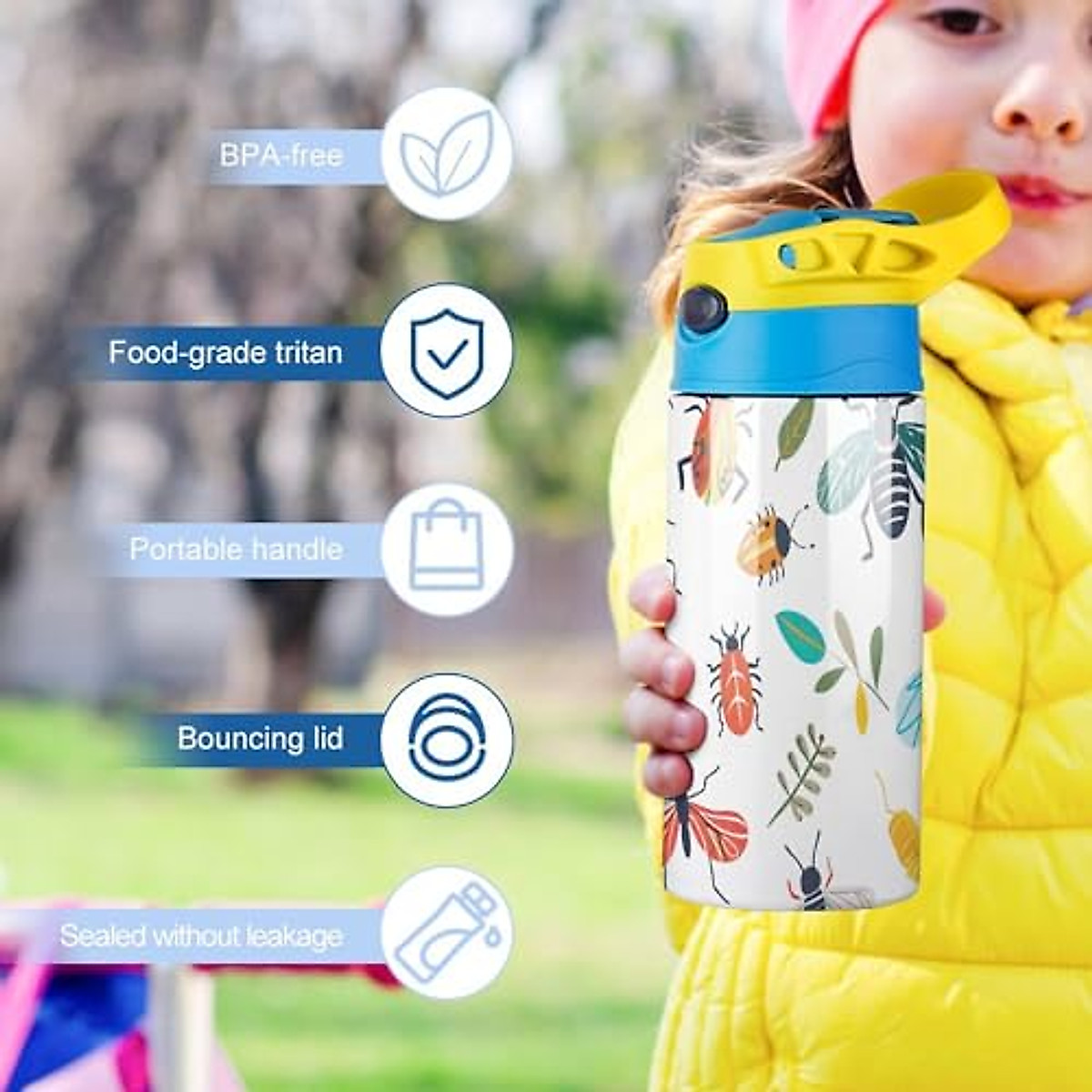 Stainless Steel Water Bottles Bright Insect Pattern Travel Water Cups with Handle And Silicone Straw Drinking Cup with Leak Proof Lid Thermo Travel Mug for Women Men