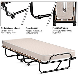 KOMFOTT Folding Rollaway Bed with 4" Mattress, Foldable Rollaway Bed with Memory Foam Mattress for Adults, Portable Fold Up Guest Bed with Sturdy Steel Frame on Wheels for Home & Office, Made in Italy