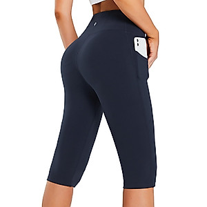 BALEAF Women's Knee Length Leggings High Waisted Plus Size Yoga Workout Exercise Capris for Casual Summer with Pockets Navy Blue L