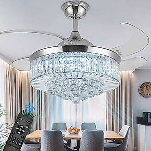 Panghuhu88 42" Invisible Ceiling Fan Chandelier Light,Modern Crystal Ceiling Fan Light Remote Control 4 Retractable ABS Blades for Bedroom Living Room Dining Room Decoration