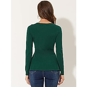 Allegra K Knit Peplum Tops for Women's Ribbed V Neck Long Sleeve Peplum Sweaters Small Dark Green