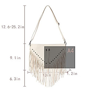 Hoce Women’s Leather Fringe Messenger Bag Hobo Crossbody Tassel Shoulder Bags, Beige