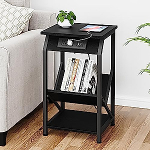 IDEALHOUSE End Table with Charging Station, Black Side Table with USB Ports and Outlet in Living Room & Bedroom, Wooden Sturdy Couch Bedside Small Bookcase