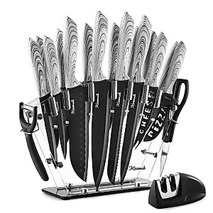Keewah 19 Pieces Kitchen Knife Set, 15 Stainless Steel Knives with Wood Texture Handle, Acrylic Stand, Scissors, Peeler and Knife Sharpener