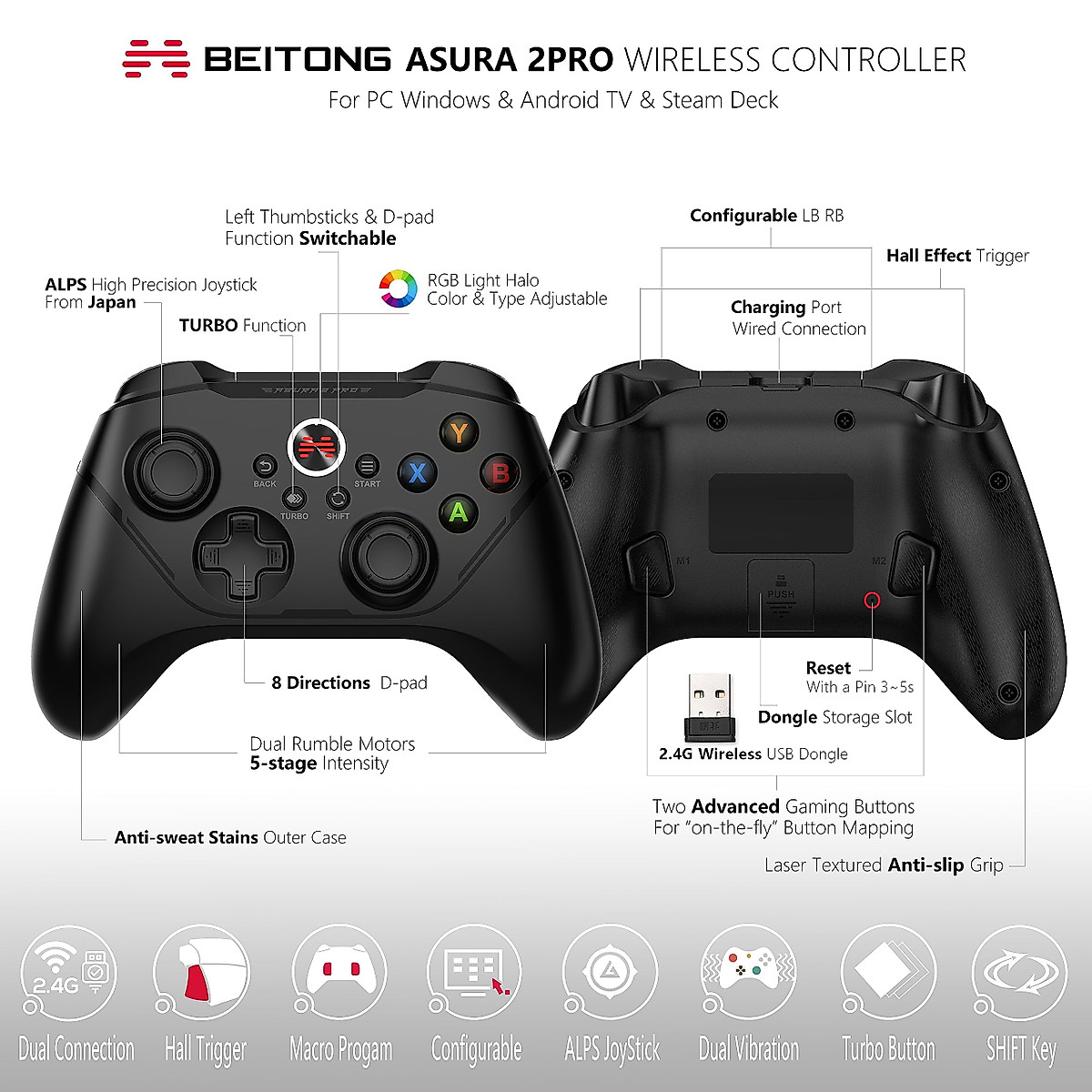 BEITONG Asura 2 Pro PC Gaming Controllers 2.4G Wireless Dual Vibrate Gamepad Joystick For Windows 7 8 10 11,Android TV,Steam,Simulater,Advanced M Buttons/Hall Effect Trigger (Black)