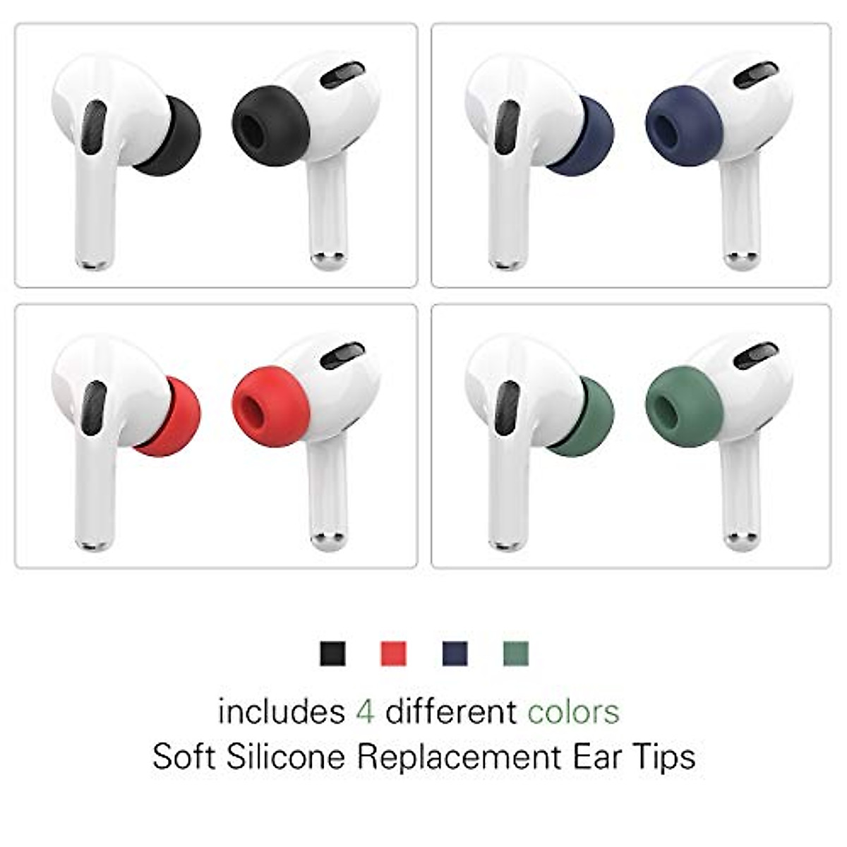 [4-Pair] for Airpods Pro Ear Tips (Silicone), WQNIDE Anti Slip Soft Silicone Airpods Pro Replacement Ear Tips Fit in The Charging Case (Black/Blue/Red/Green)