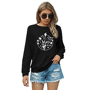 ASTANFY Alice in Wonderland Sweatshirt Women Vintage Mad Hatter Shirt Magic Kingdom Pullover Vacation Long Sleeve Tops Black