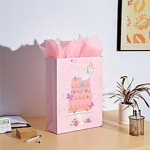 SUNCOLOR 16" Extra Large Gift Bag with Tissue Paper for Girls (Happy Birthday Cake)