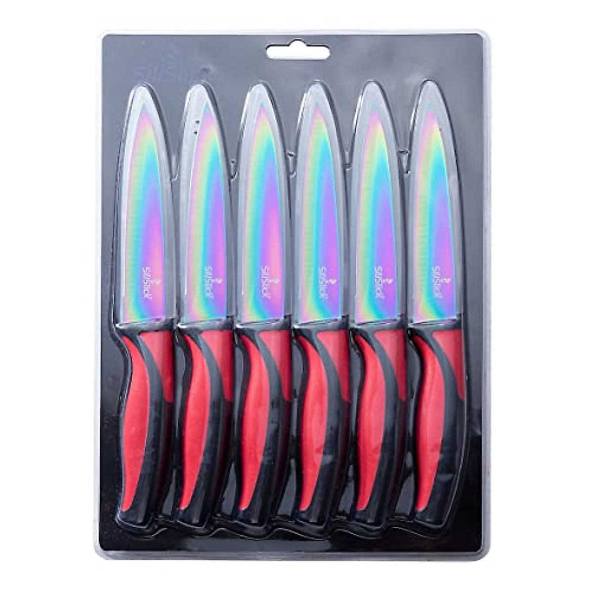 SiliSlick Stainless Steel Steak Knife Set - Titanium Coated Colorful Kitchen Knives with Straight Edge, Smooth & Sharp - Rainbow Iridescent Kitchen Gifts & Accessories