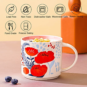 CHILDIKE Ceramic Red Poppy Mug, Porcelain Floral Mug, Flowers Funny Coffee Mug, Large Colorful Art Hand Painted Breakfast Cup for Tea, Hot Cocoa, Oat, Gift, 15 Ounce