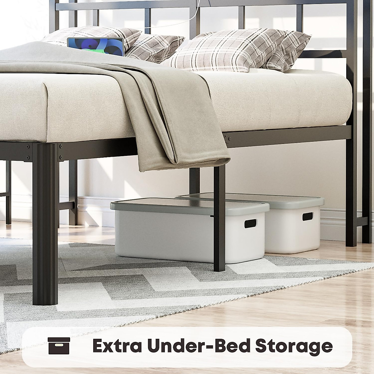 YORMDMO Twin Bed Frame - Storage Headboard with Charging Station, Easy Assembly, Heavy Duty Metal Bed Frame, No Box Spring Needed, 18 Inch, Black