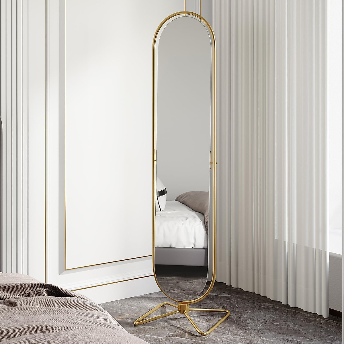 BUZUEY Floor Mirror,Gold Full Length Mirror,Standing Mirror,67"*15.8"Full Body Mirror,Iron Frame Oval Stand up Mirror for Bedroom,Living Room,Dressing Room
