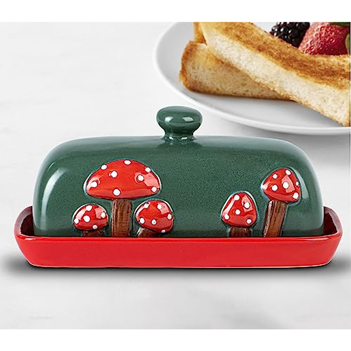 Mushroom Butter Dish With Lid For Countertop Ceramic Butterdish Red Butter Container Butter Tray Large Butter Dish Covered Butter Dish