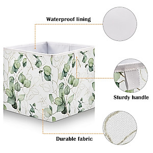 Gold Eucalyptus Branches, Green Eucalyptus Leaves Golden Linear Leaves Square Storage Basket Bin, Collapsible Storage Box, Foldable Nursery Baskets Organizer for Toy, Clothes Easy to Assemble
