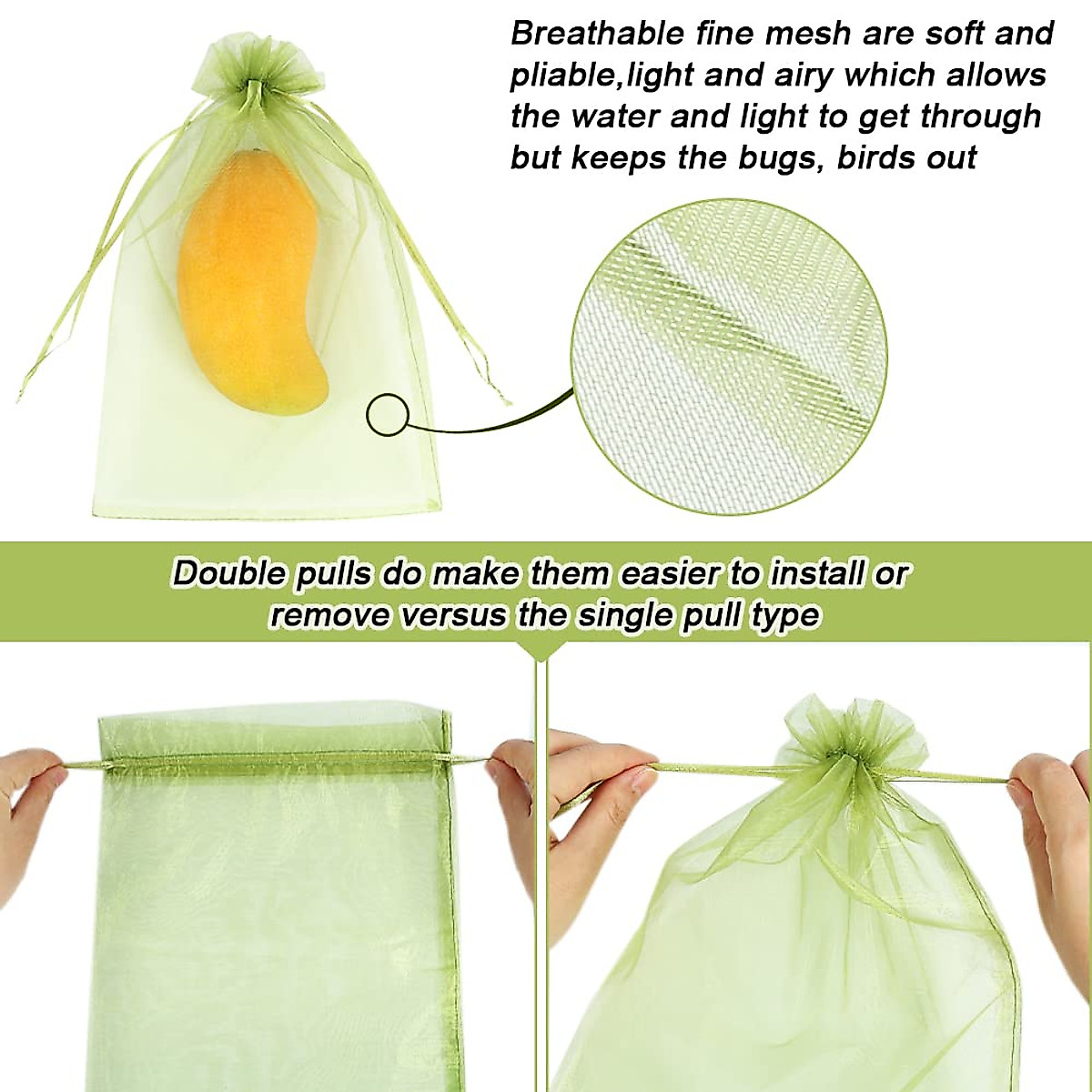 100pcs Fruit Protection Bags 8x12 inch, Green Netting Cover Bags Drawstring Mesh Fruit Protectors Pest Barrier for Grapes Mango Fruit Trees Veggies Garden