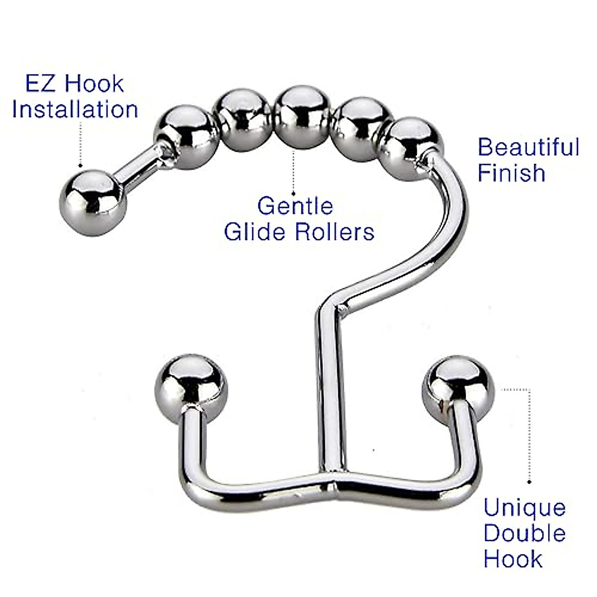 2lbDepot Shower Curtain Rings Hooks - Chrome Finish - Premium 18/8 Stainless Steel - Double Hooks with Easy Glide Rollers Rust Resistant Metal Hook, Six Finishes Available - Set of 12 for Shower Rods