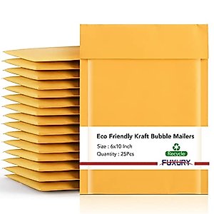 Fuxury Kraft Bubble Mailer 6x10 Inch 25 Pack，Strong Adhesion Padded Envelopes,Self Seal Bubble Envelopes, Waterproof Cushioned Bubble Mailers Packaging for Small Business，Bulk #0 Mailers Yellow
