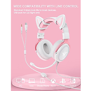 PHNIXGAM Cat Ear Gaming Cute Headset, Wired Over-Ear Headphones with Noise Cancelling Microphone, Surround Sound, LED Backlight for PS4, PS5, Xbox One(No Adapter), PC, Mobile Phone, White & Pink