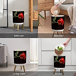 OJNR36WKPD Small Trash Can with Lid Red Rose a Black Round Garbage Can Press Cover Wastebasket Wood Waste Bin for Bathroom Kitchen Office 7L/1.8 Gallon