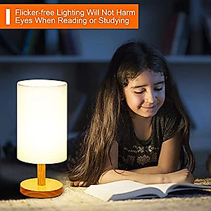 ALOTUS Table Lamp for Bedroom - 12W Bedside Lamps for Nightstand, Solid Wood Night Stand Light Lamp with Round Flaxen Fabric Shade for Living Room, Dorm, Home Office (LED Bulb Included)